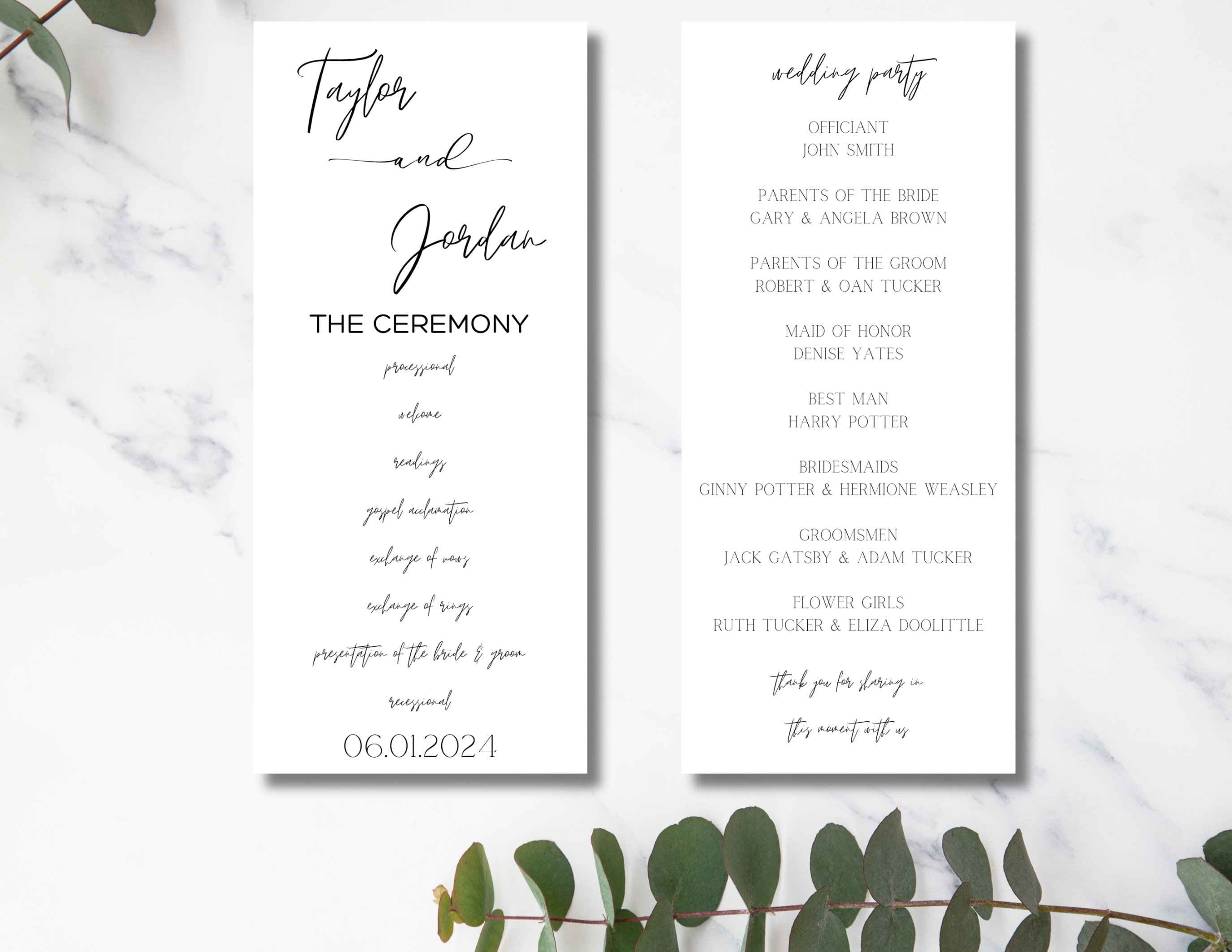 Minimalist Wedding Program Template: Black and White Printable (digital ...
