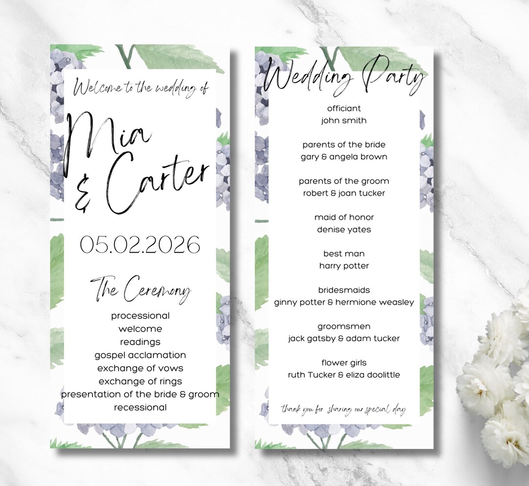 Blue Hydrangea Wedding Program Template (digital Download) - Etsy