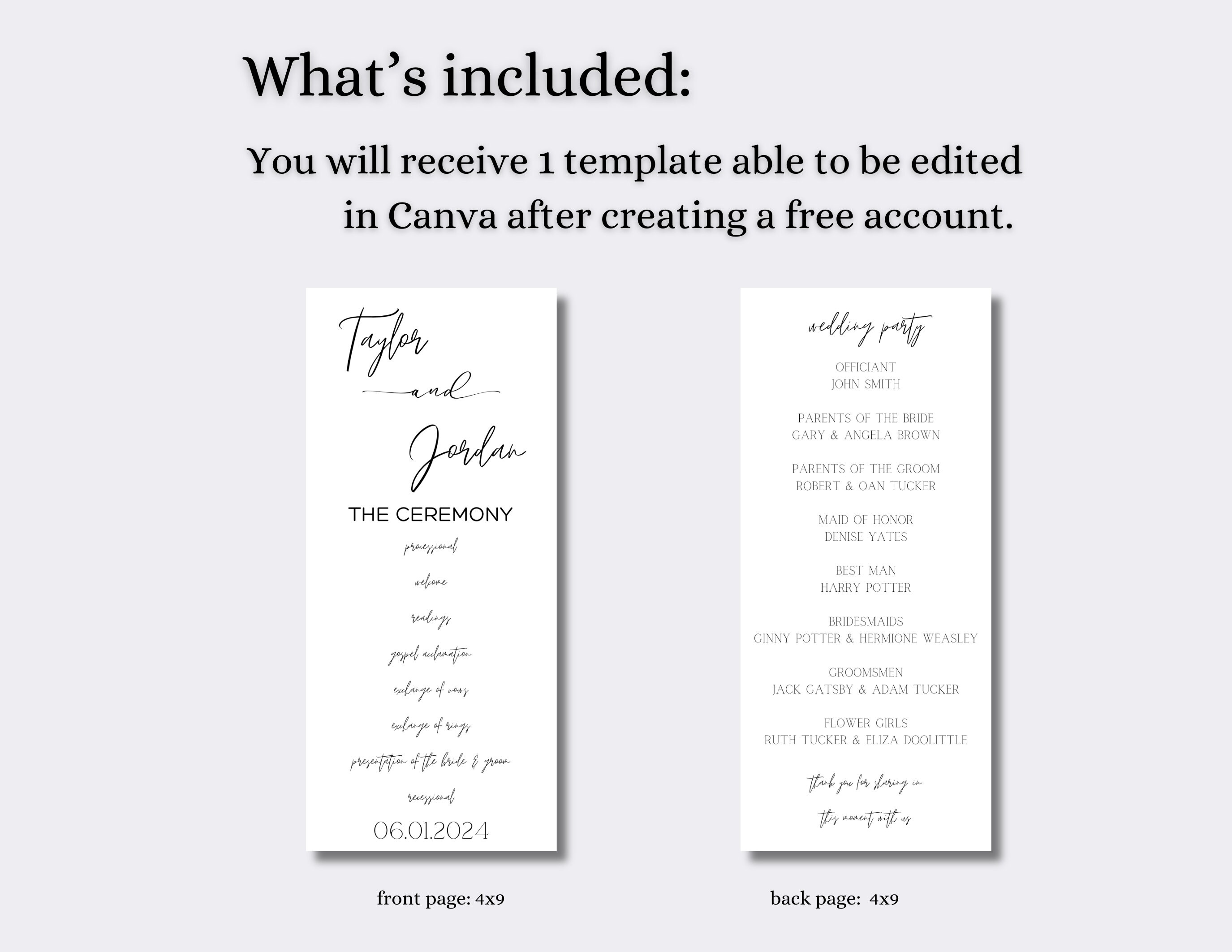 Minimalist Wedding Program Template, Printable Wedding Program, Black ...