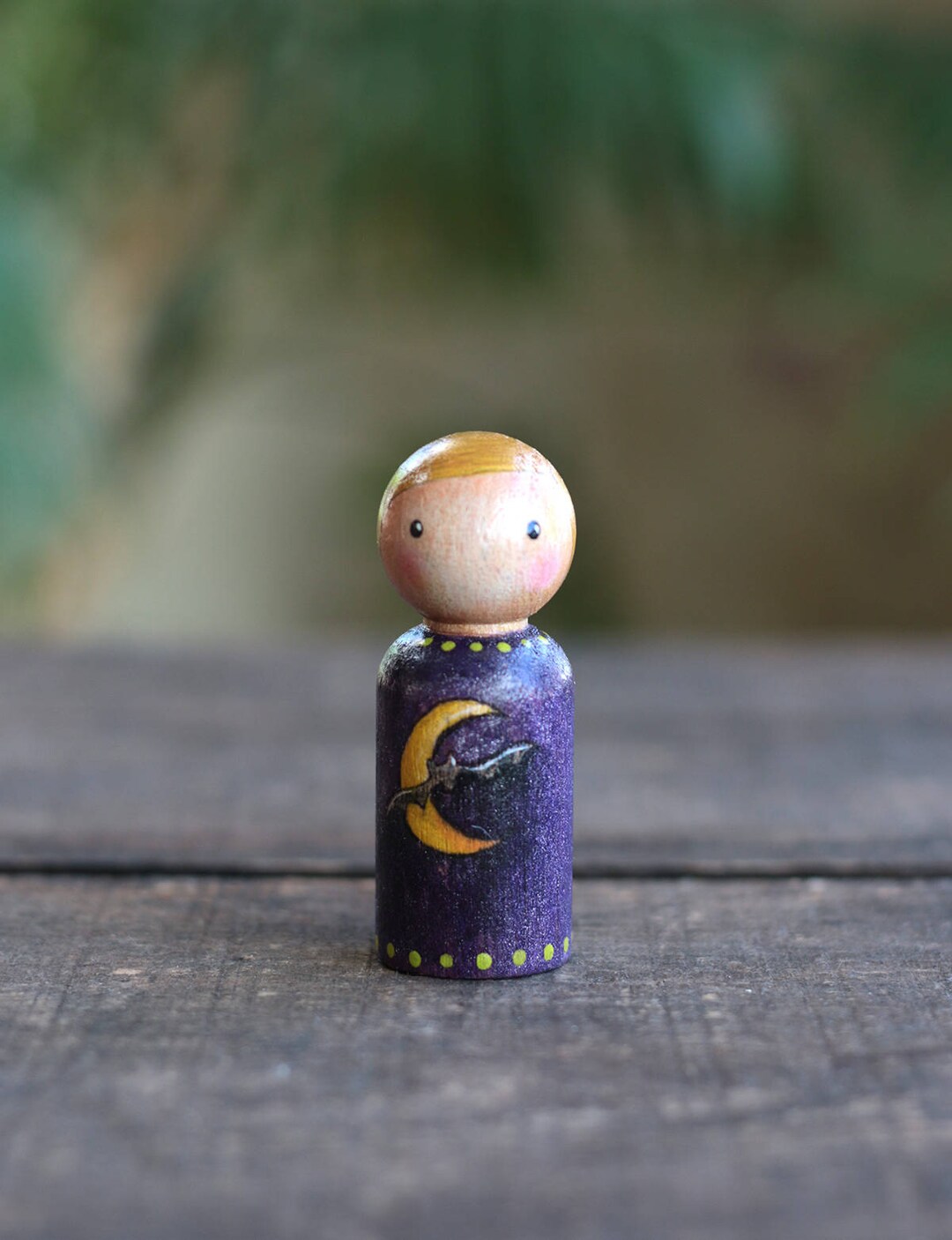 Halloween Peg Doll, Purple Moon and Bat Peg Doll, Halloween Folk Art ...