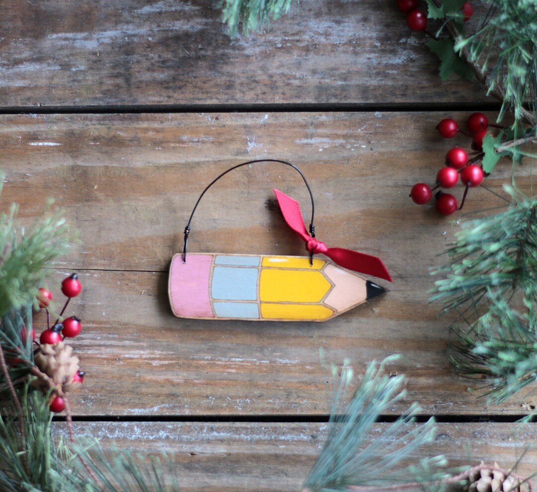 Pencil Ornament, Personalized Teacher Gift, Hand Painted Christmas ...