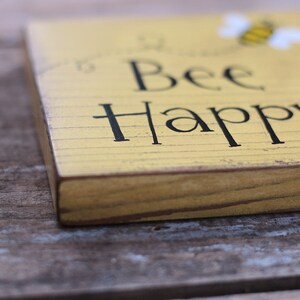 Be Happy Small Wood Sign With Bee | Primitive Wood Sign for Spring - Etsy