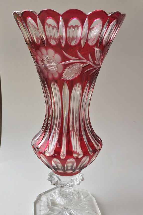 Vintage Ruby Red Cut Crystal Pedestal Vase Mid-century - Etsy
