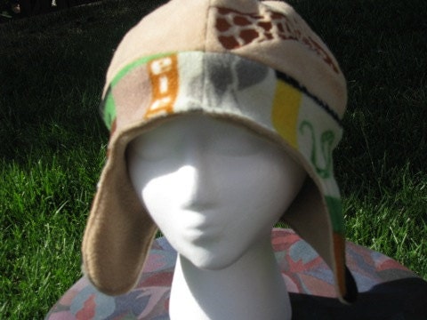 Zoo Animal Themed Print and Tan Fleece Ear Flap Hat - Etsy