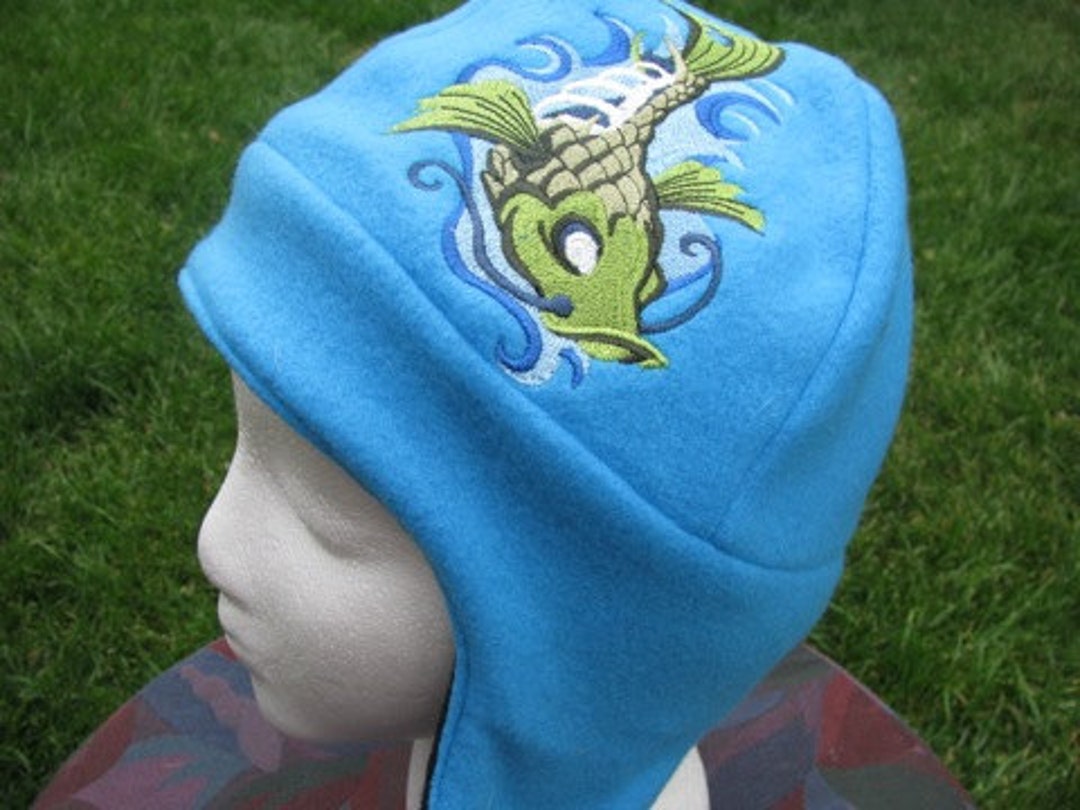 Zombie Skeleton Koi Fish on Blue and Black Fleece Ear Flap Hat - Etsy