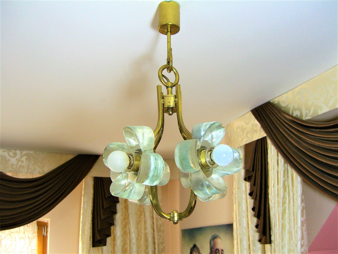 Vintage Art Deco Brass Pendant Light, Murano Glass Flower Shade, Simon ...