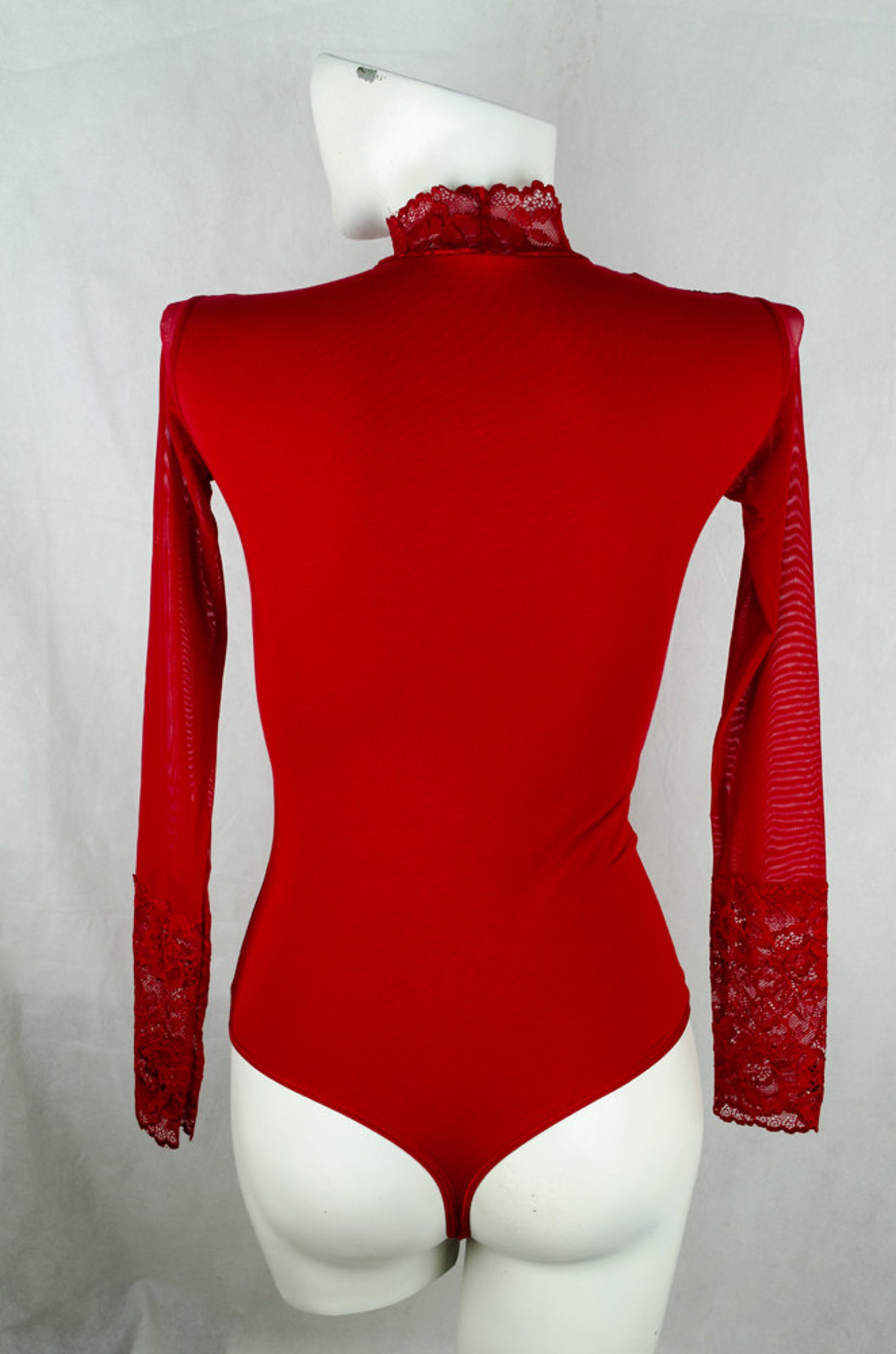 Long Sleeve Lace Red Bodysuit Top Blouse Leotard Turtleneck Etsy