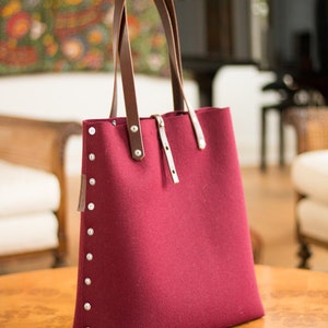 Red Wool Felt Tote Bag: Leather Handles, Riveted Shopper - Etsy
