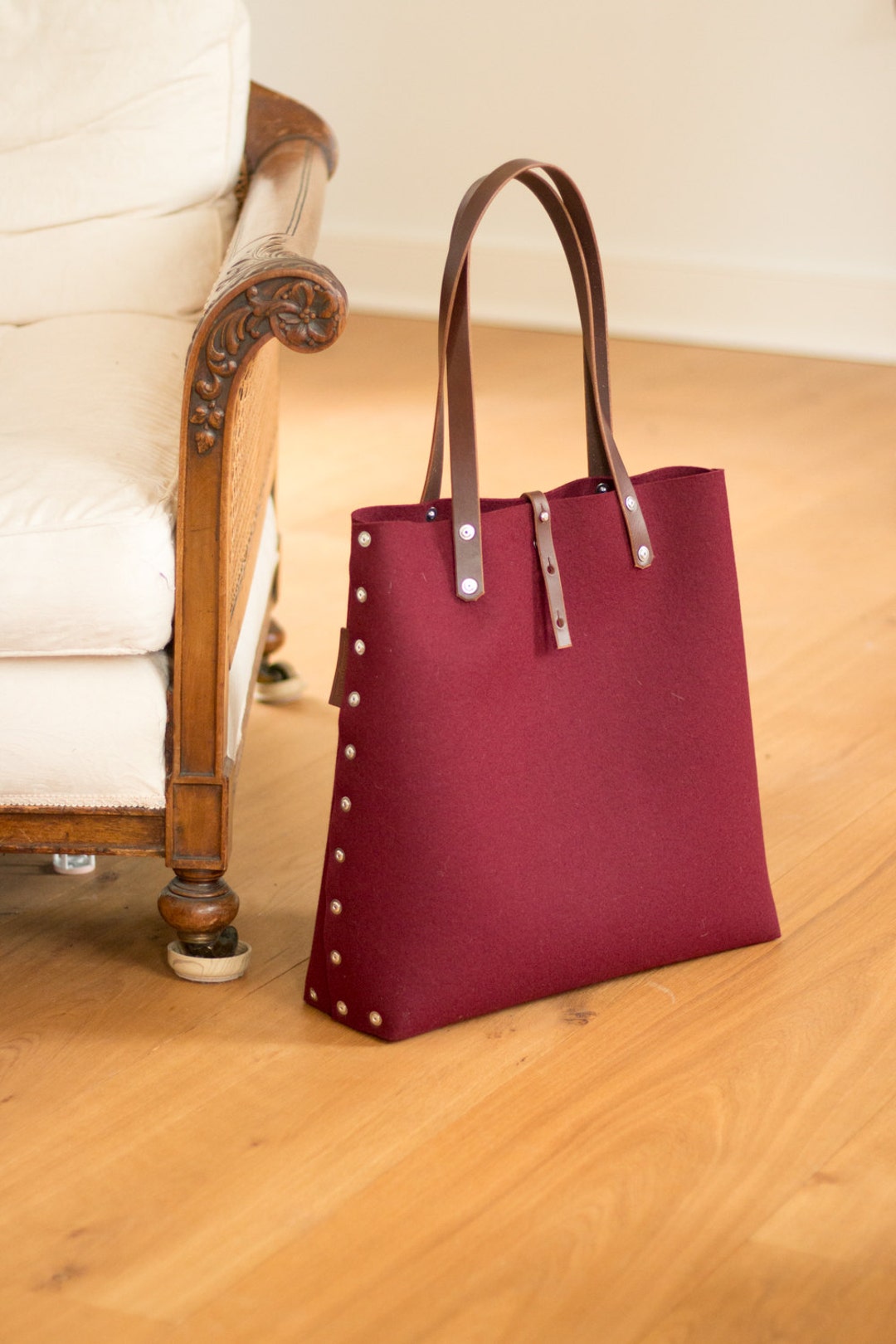 Red Wool Felt Tote Bag: Leather Handles, Riveted Shopper - Etsy