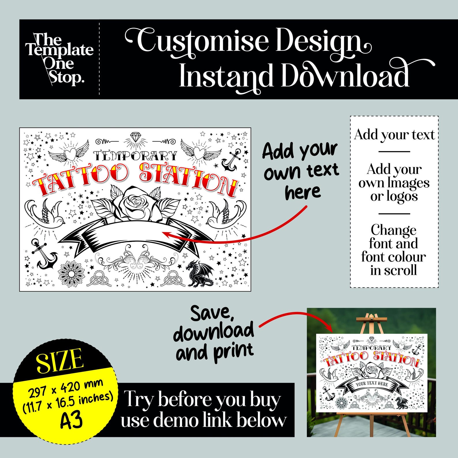 Editable A3 School Leavers Party Sign, Tattoo Station Party Sign ...