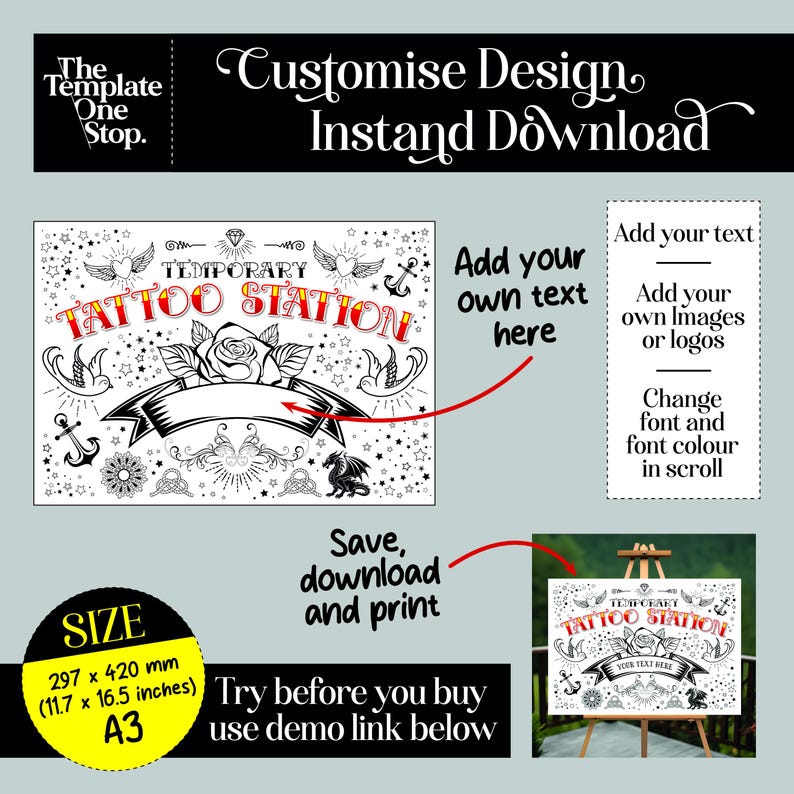 Editable A3 Tattoo Party Sign, Tattoo Station Party Sign, Digital ...