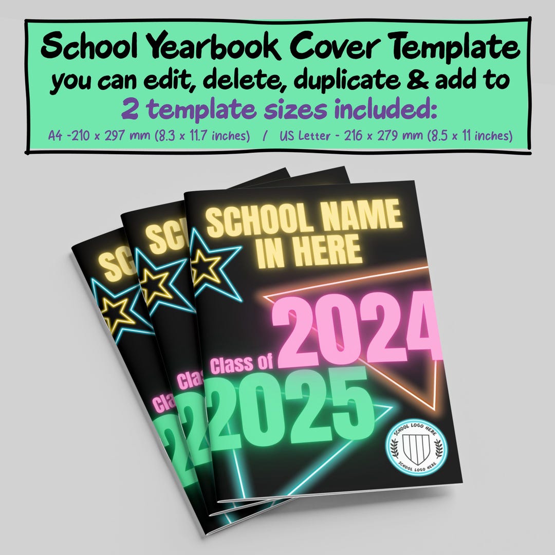 School Yearbook Cover Template, Neon Style Yearbook Cover, Elementary ...