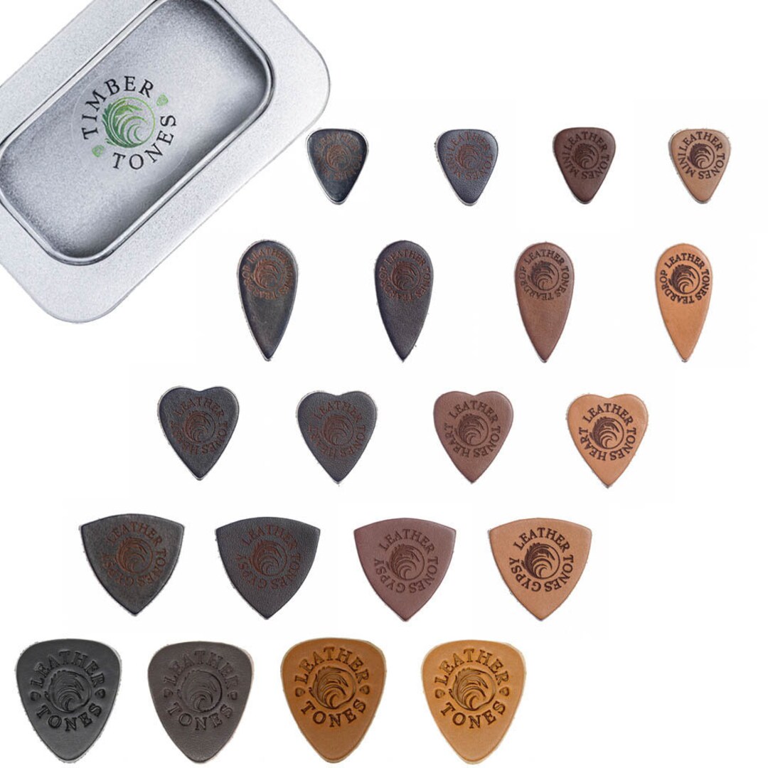 20 Leather Picks for Ukulele or Bass in a Gift Tin - 5 Shapes - 4 ...