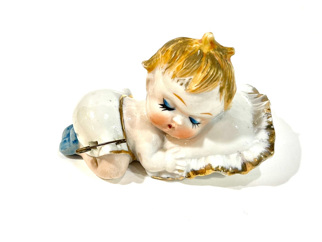 Vintage Piano Baby, Napping on Pillow, Metal Diaper Pin, Hand Painted ...
