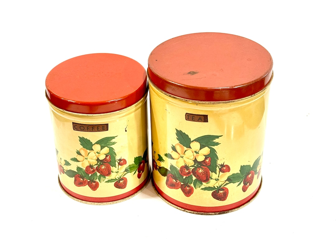 Vintage Kitchen, Strawberry Canisters, Tin Storage, 2 Containers, Mid ...