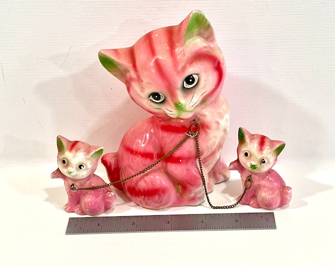 Vintage Cat and Kittens, Chained Cats, Pink Stripes, Ceramic Cat Family ...