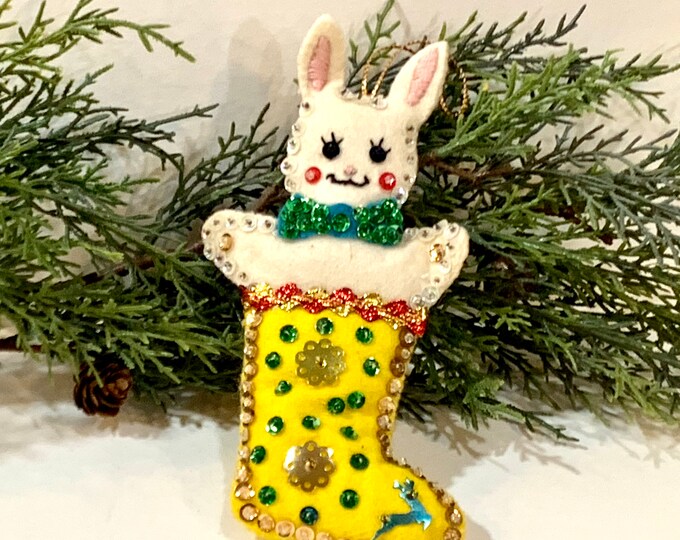 Vintage Christmas, Felt Bunny, Sequins Beads, Hand Crafted, White ...