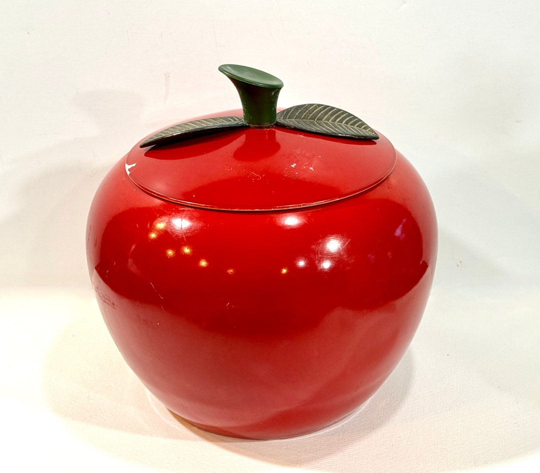 Vintage Red Apple Canister, Enamel Aluminum, Plastic Leaves and Stem ...