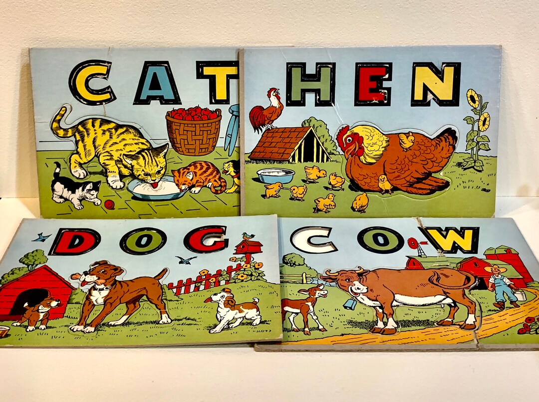 Vintage Childrens Puzzles, Alphabet Letters, Farm Animas, 4 Puzzles ...