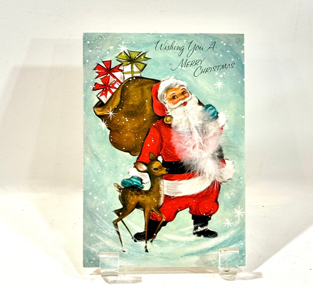 Vintage Christmas Santa, Feather Beard, Santa Card, Reindeer Fawn, Mid ...