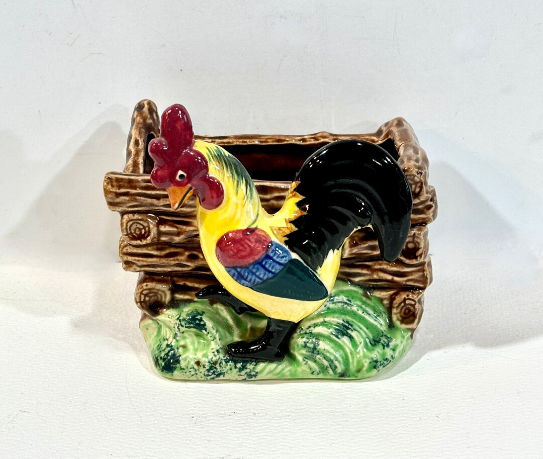 Vintage Planter, Colorful Rooster, Log Fence, Hand Painted, Glazed ...