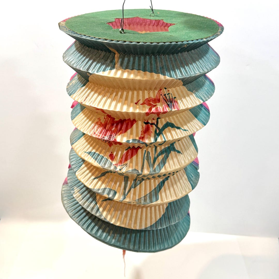 Vintage Paper Lantern, 2 ACCORDION Lanterns, Hand Painted, Lotus ...