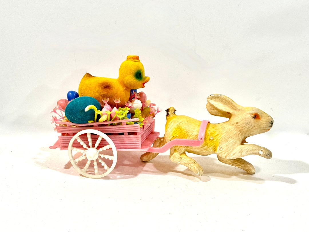 Vintage Easter Cart, Flocked Rabbit,, Easter Eggs. Plastic Centerpiece ...