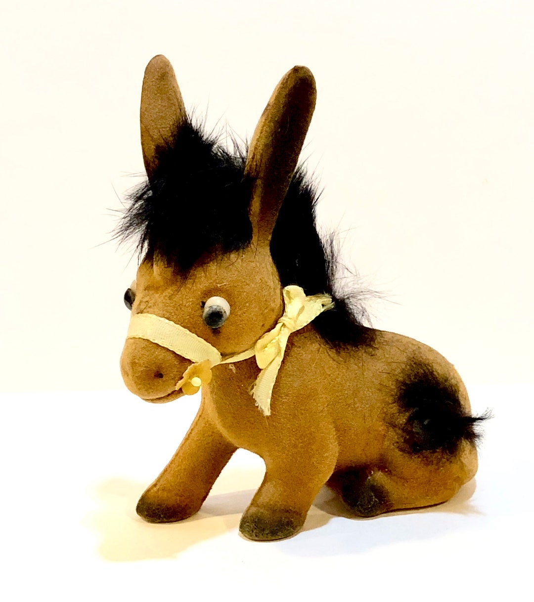 Vintage Toy Donkey, Flocked Donkey, Fur Mane and Tail, Sitting Donkey ...