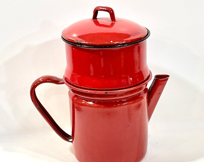 Vintage Coffee Pot, Red Enamelware, Stovetop 6 Cup, Drip Coffee, 4 ...