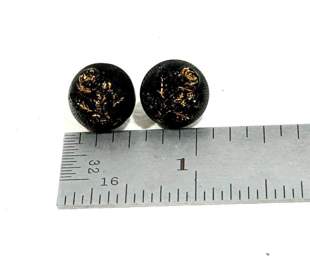 Victorian Black Glass Buttons: Rose Floral Design, Gold Embossed (circa ...