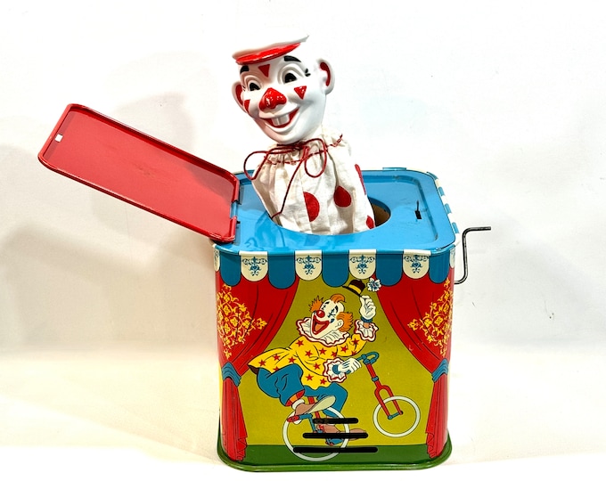 RARE Vintage Toy, Circus Clown, Jack in the Box, Mid Century 1950’s Tin ...