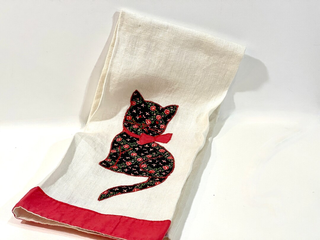 Vintage Kitchen Dish Towel Calico Cat Machine Embroidery - Etsy
