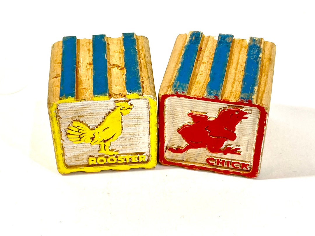 Vintage Toy, 2 Wooden Blocks, Rooster and Chick, Mid Century 1940s ...
