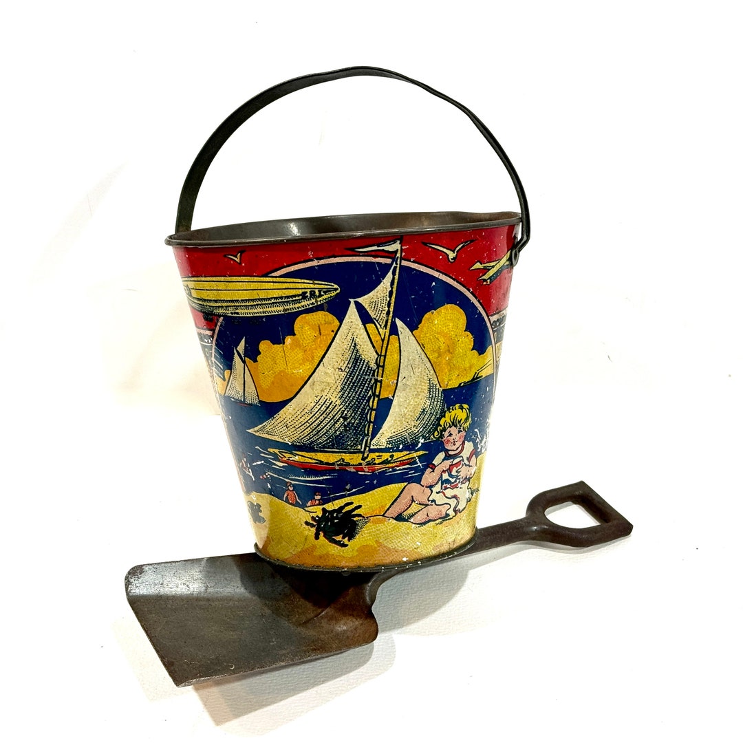 1930s Sand Pail, Beach Bucket, Tin Litho, Zeppelin Sailboats, Kids on ...