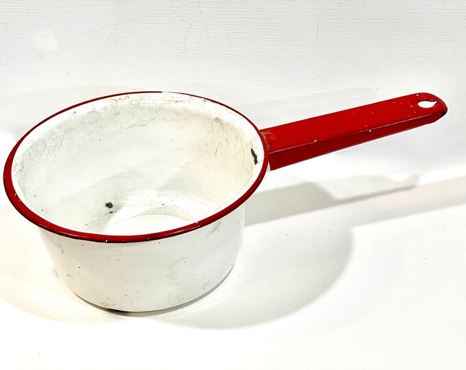 Vintage Enamelware, Red and White Pan With Handle, 1950's Farmhouse ...