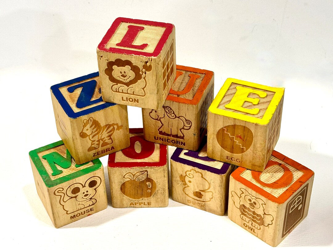 Vintage Wooden Children's Blocks, 8 Blocks, ABC Blocks, Animal Blocks ...