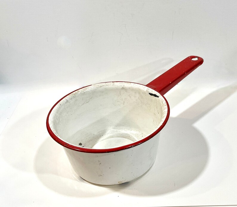 Vintage Enamelware Red and White Pan With Handle 1950's - Etsy