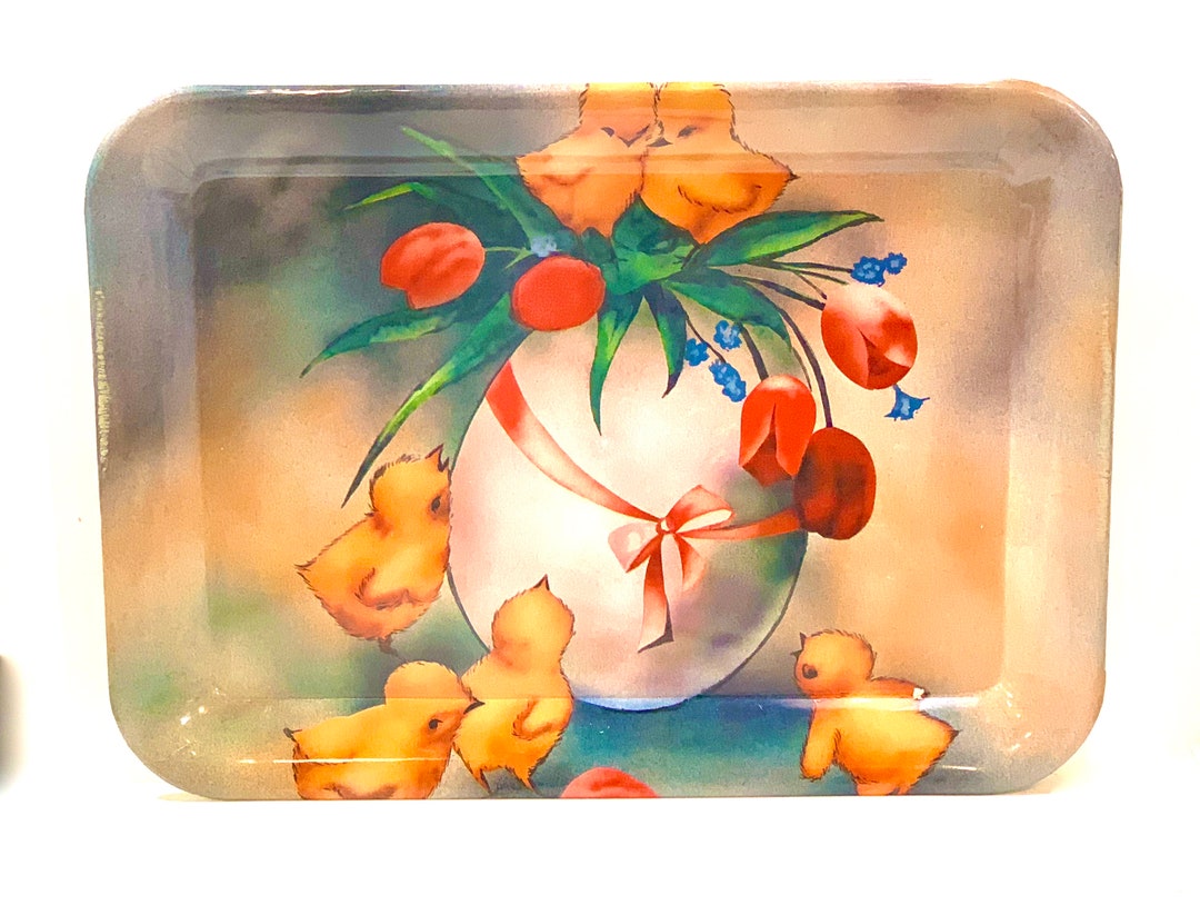 Vintage Chicks and Flowers, Serving Tray, Plastic Tray, Easter Spring ...