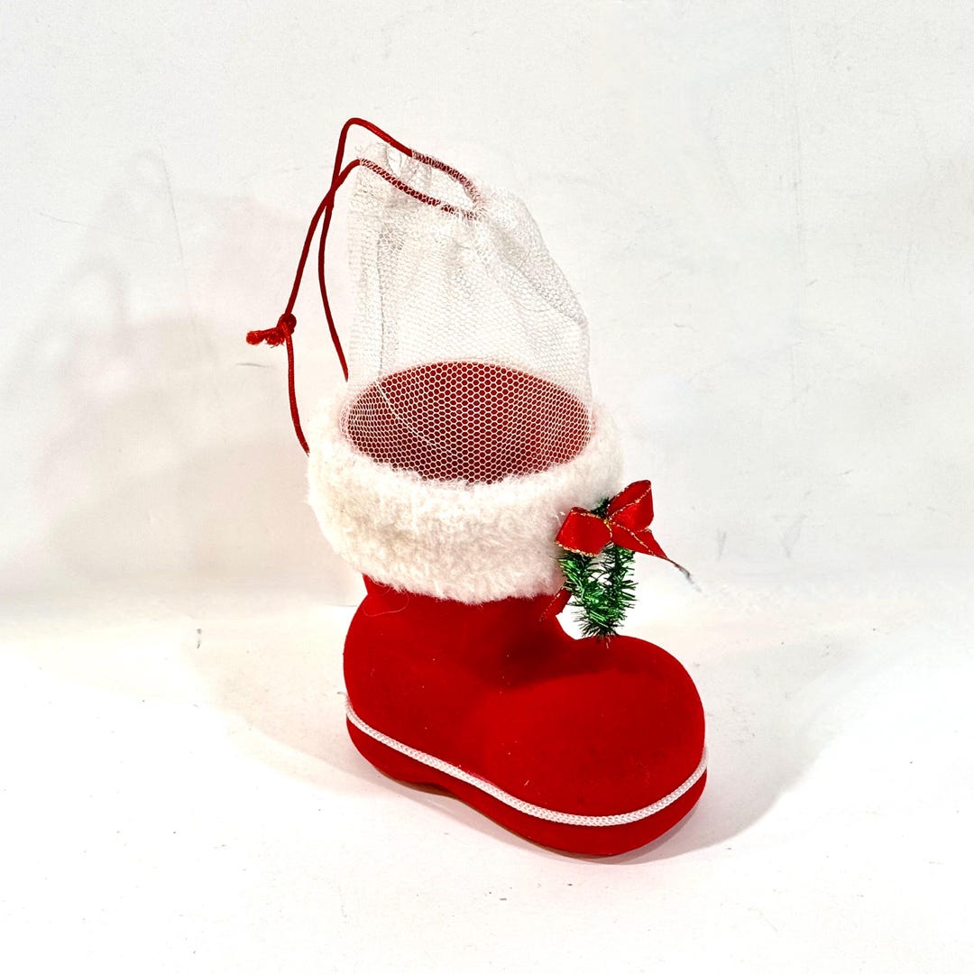 Vintage Christmas, Santa Claus Boot, Candy Holder, Red Velvet, Flocked ...