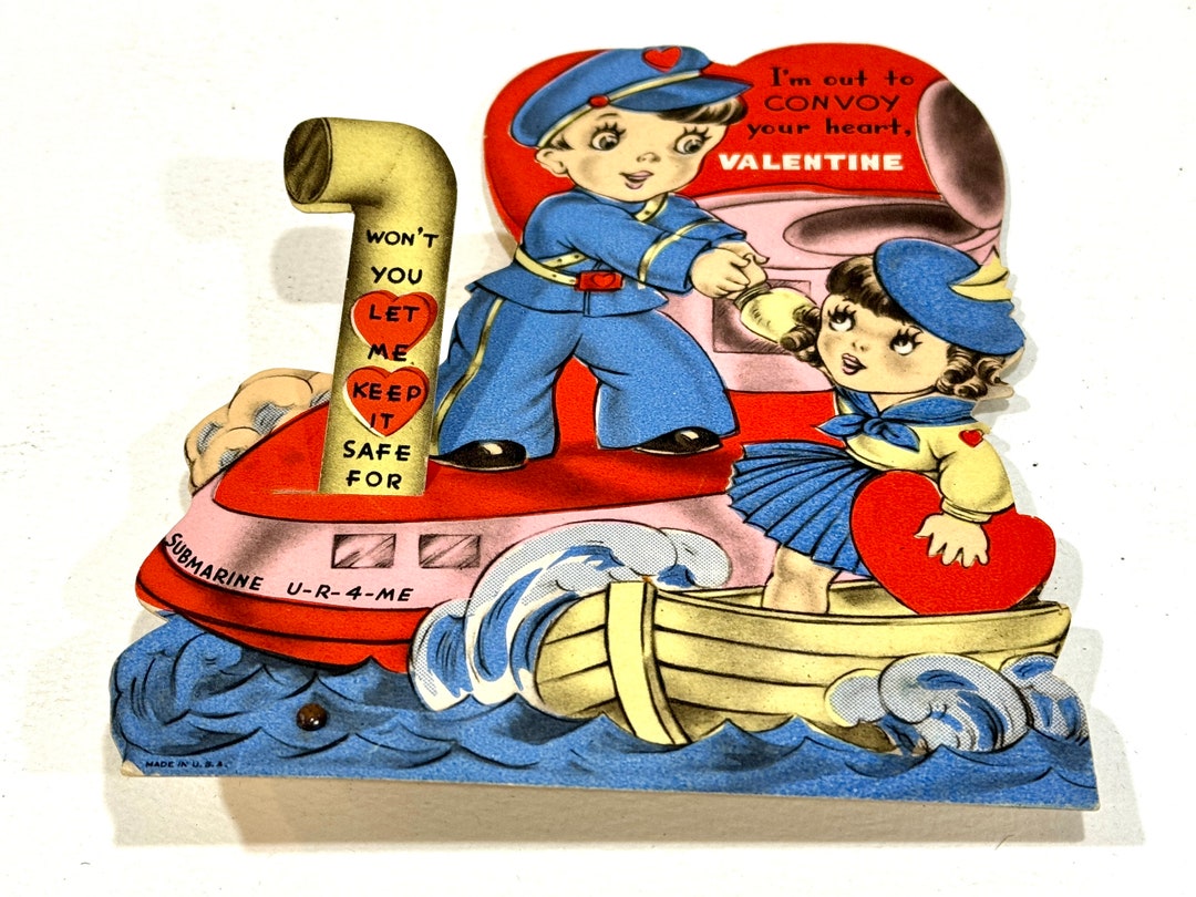 Vintage Mechanical Valentine, Navy Submarine, Die Cut Valentine, Girl ...