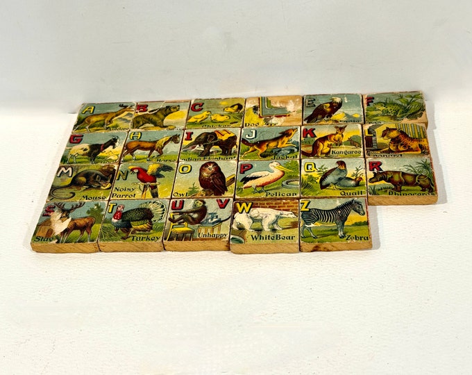 Antique Toy Blocks, ABC Picture Blocks, Wood Blocks, Lithograph Animals ...