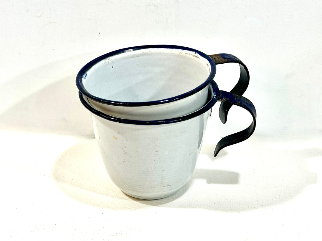 Vintage Kitchen, Enamelware Cups. Blue Trim, Open Bottomed Handles ...