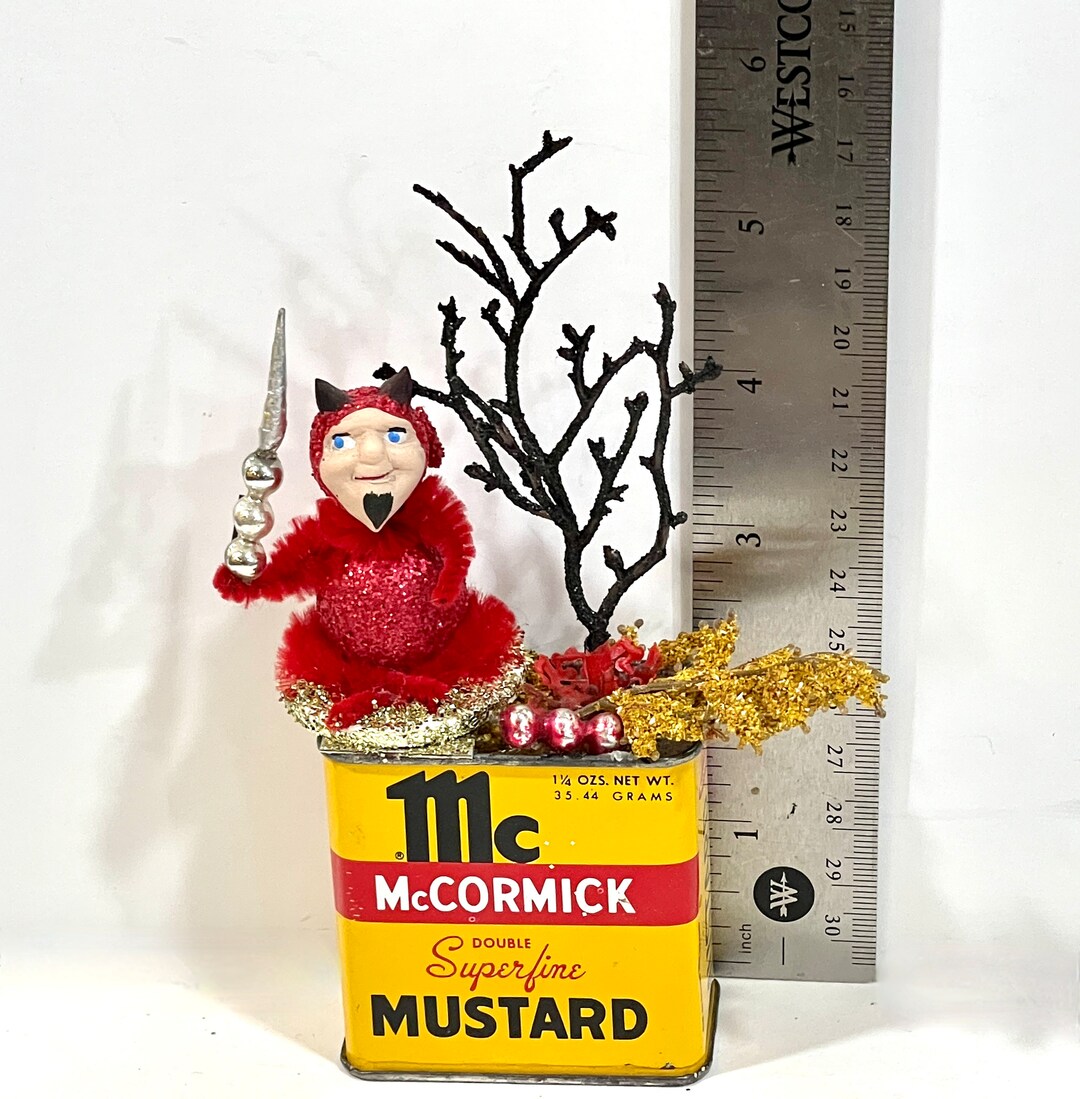 Vintage Halloween, Spice Tin, Chenille Devil, Clay Face Devil, Mustard ...