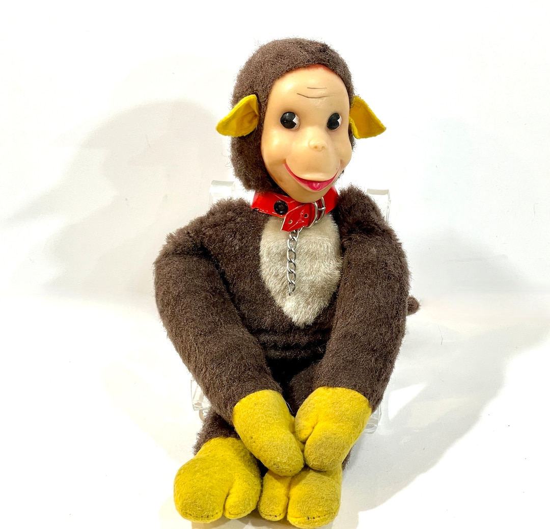 Vintage Monkey Toy, Plush Monkey, Rubber Face, Jestia Japan, Red Collar ...