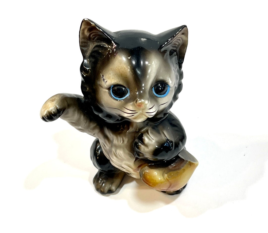 Vintage Big Head Cat, Kitten Figurine, Big Eye Cat, Black Cat, Cat With ...