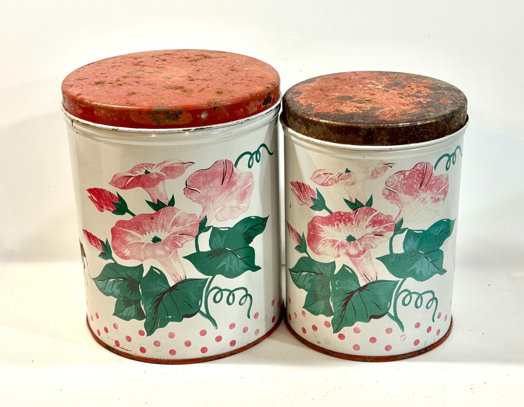 Vintage Kitchen, Tin Canisters, Pink Morning Glory, Polka Dot Border, 2 ...