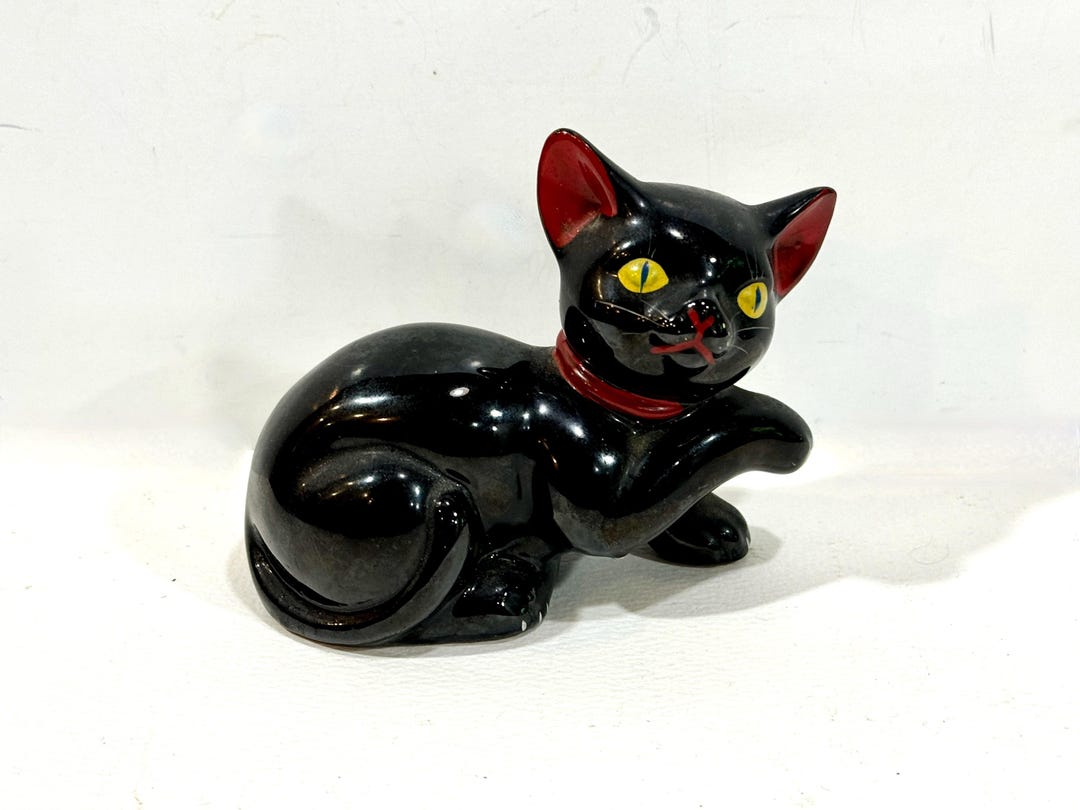 Vintage Redware, Black Cat, Yellow Eyes, Red Ears, Red Bow, Lifted Paw ...