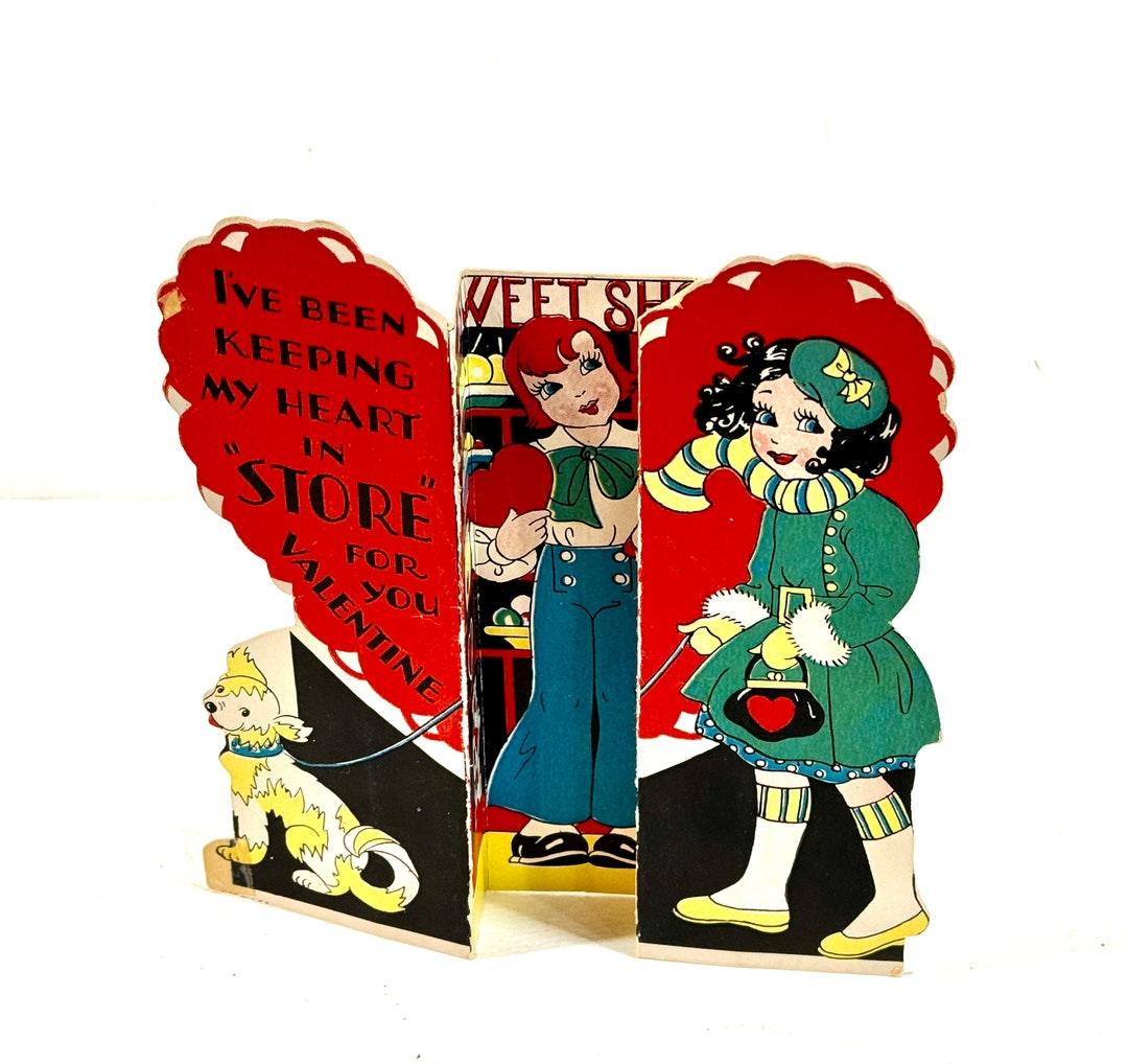 Vintage Valentine Card, Sweet Shop, Boy and Girl, Girl With Dog, Die ...