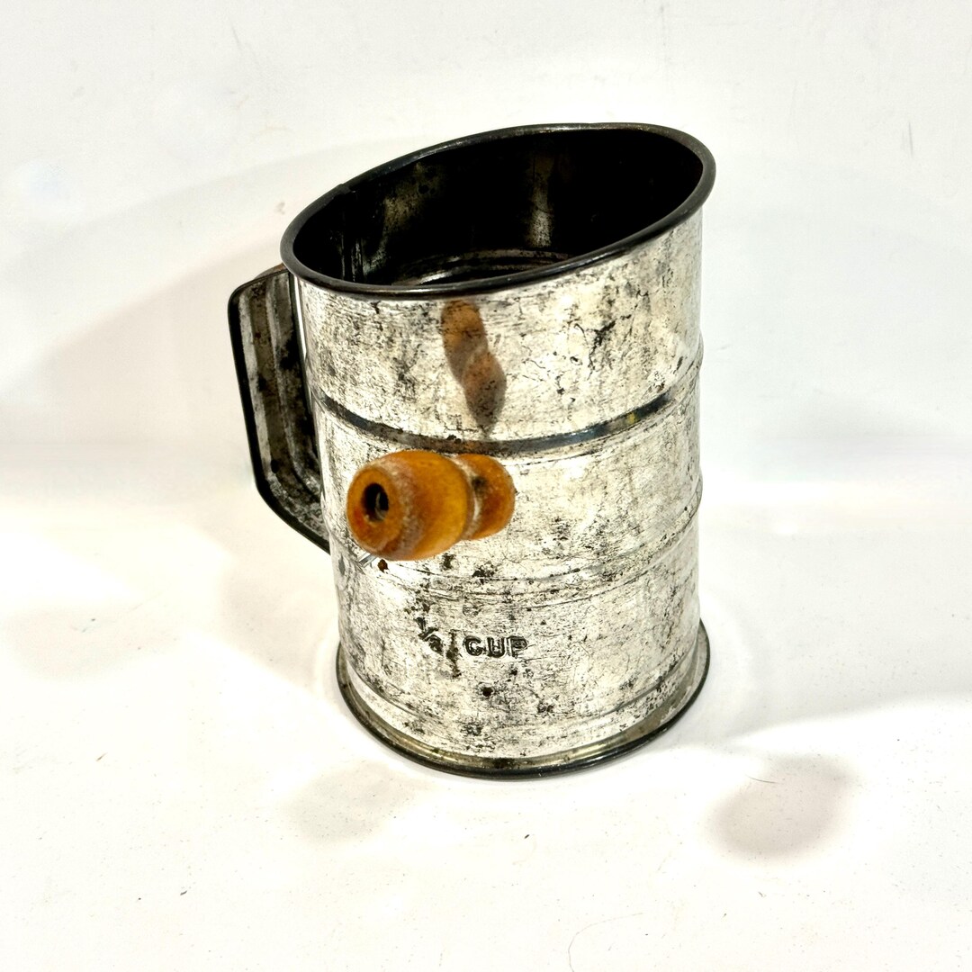 Vintage Kitchen, Metal Sifter, One Cup, Wood Knob Handle, Small Flour ...