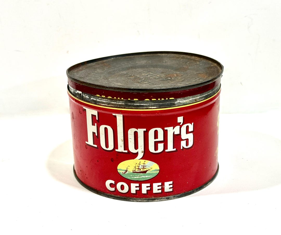Vintage 1950s Folgers Coffee Can, Key Wind, Original Lid, Colorful Ship ...